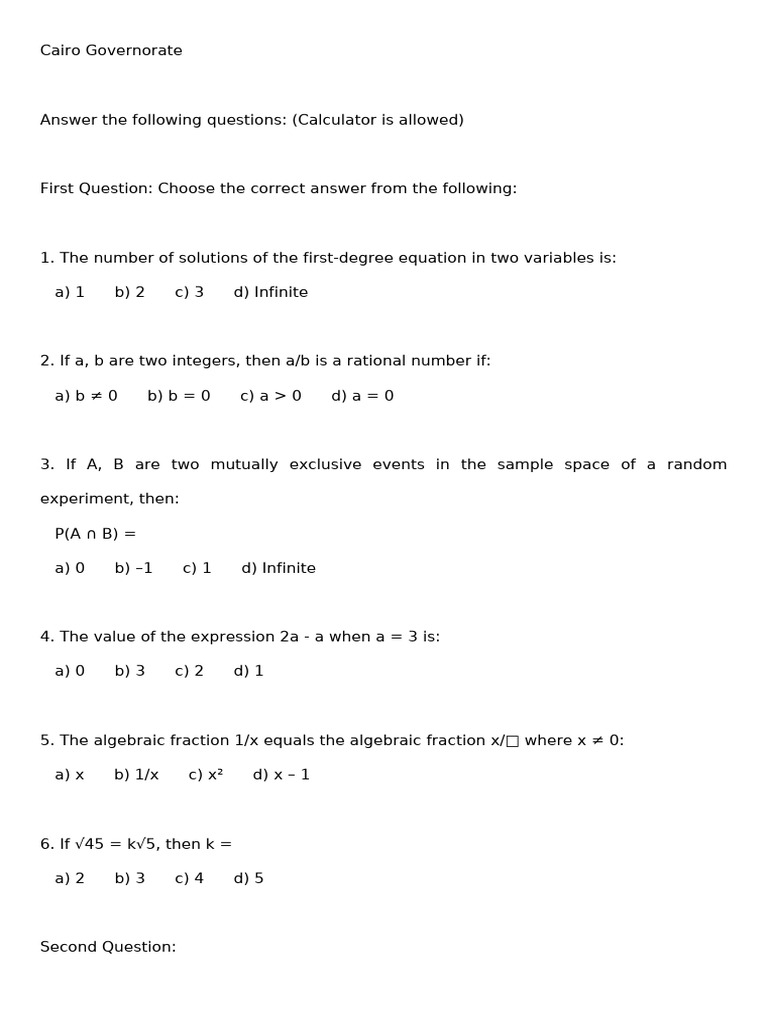 Cairo Governorate Math Problem Set | PDF