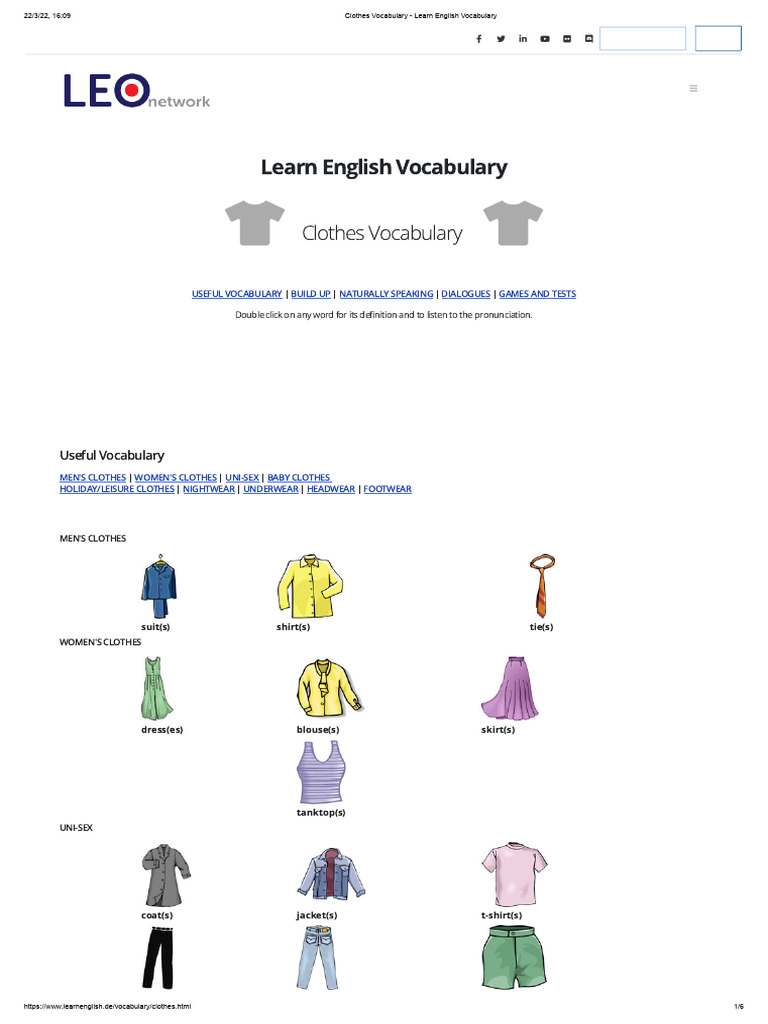 Clothes Vocabulary - Learn English Vocabulary | PDF
