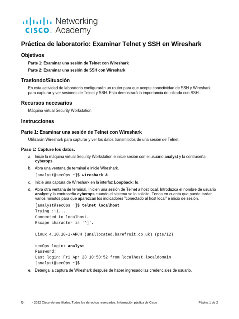 Análisis de Telnet y SSH en Wireshark | PDF | Cubierta segura ...