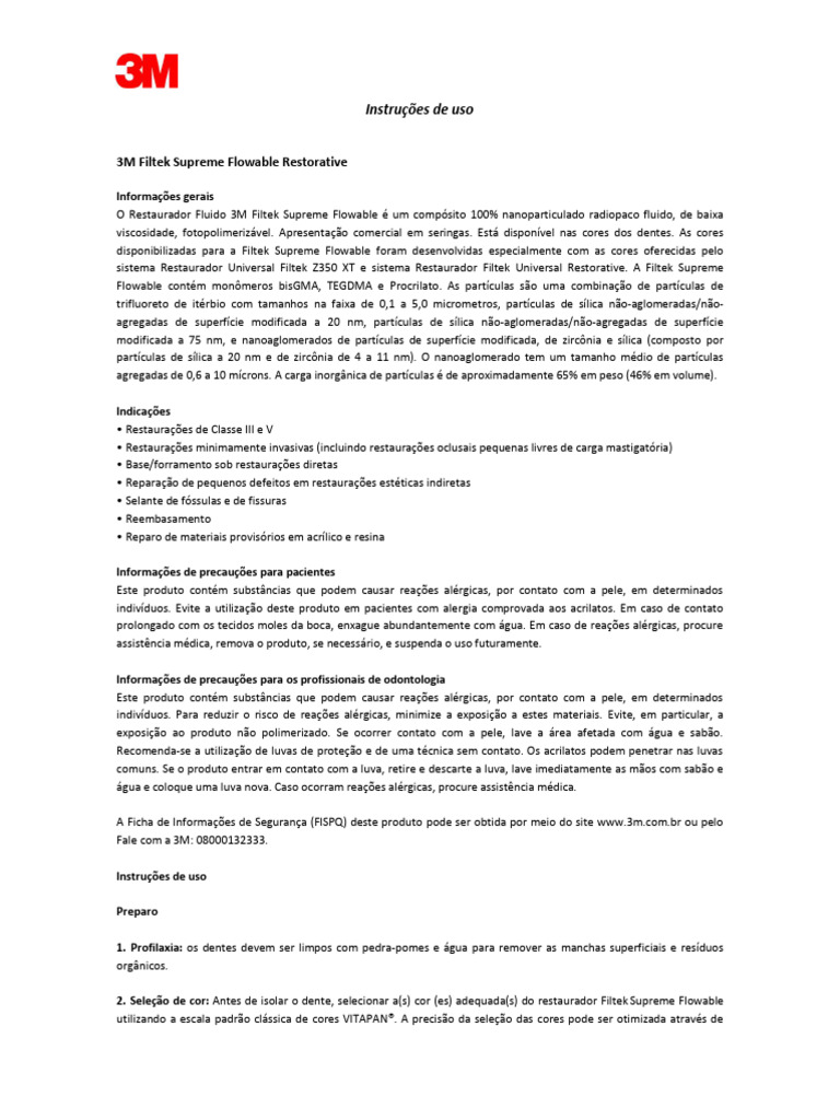 Manual de Instruções de Uso Da Resina Filtek Z350 XT Supreme Flowable ...