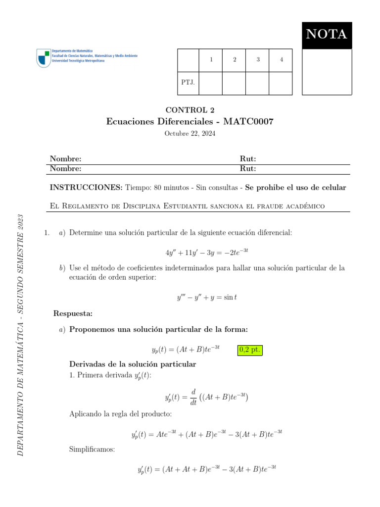Pauta Control 2 Ec Dif 0007 | PDF | Ecuaciones | Ecuaciones diferenciales