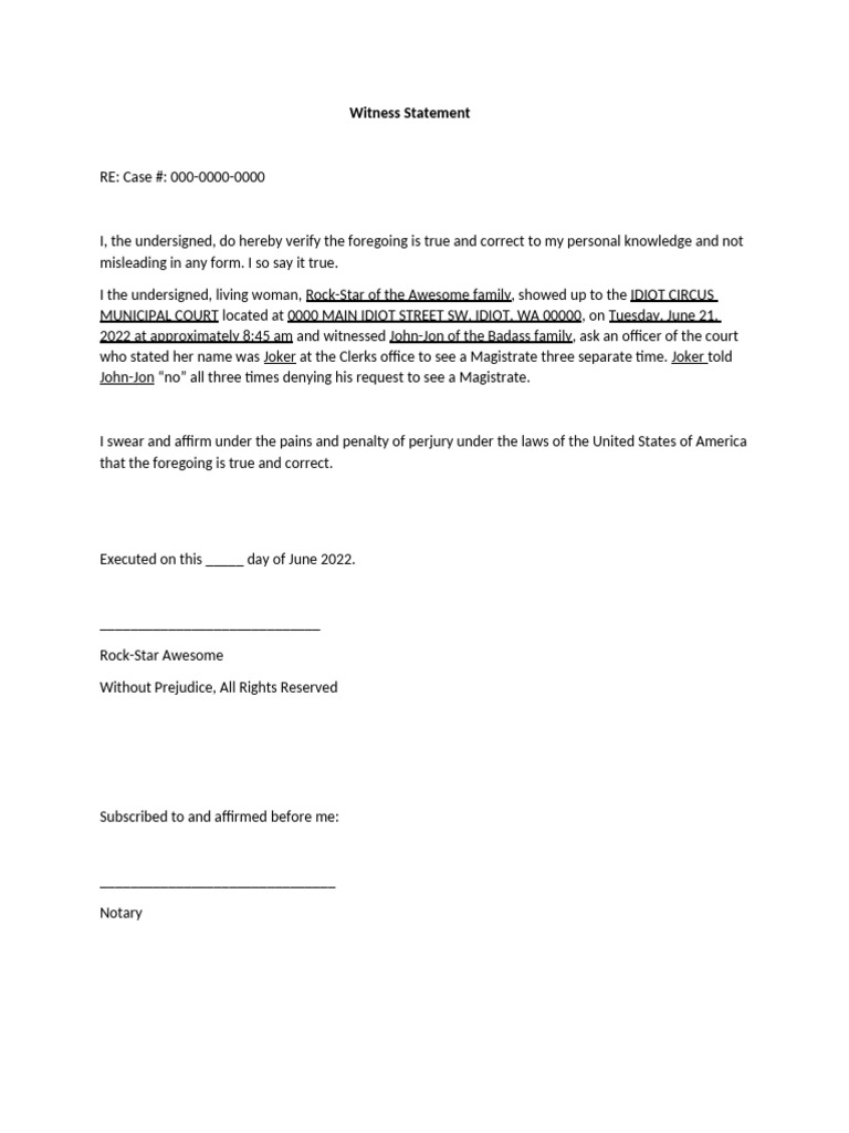 Witness Statement for Court Case 000-0000 | PDF