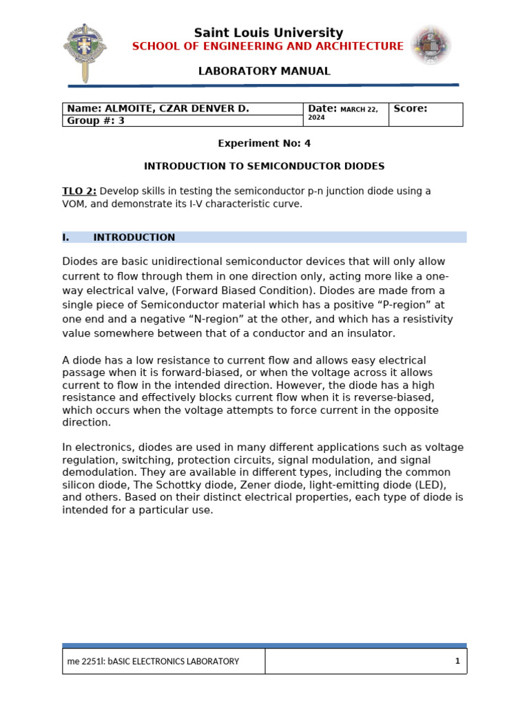 ALMOITE BasicElecLab Expt4 Individual Report | PDF | Diode | P–N Junction