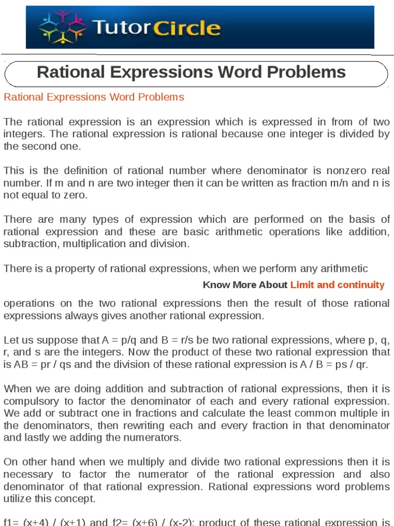 Rational Expressions Word Problems | PDF