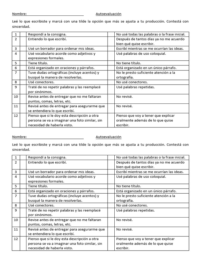 Autoevaluación de Producción Escrita | PDF | Lingüística