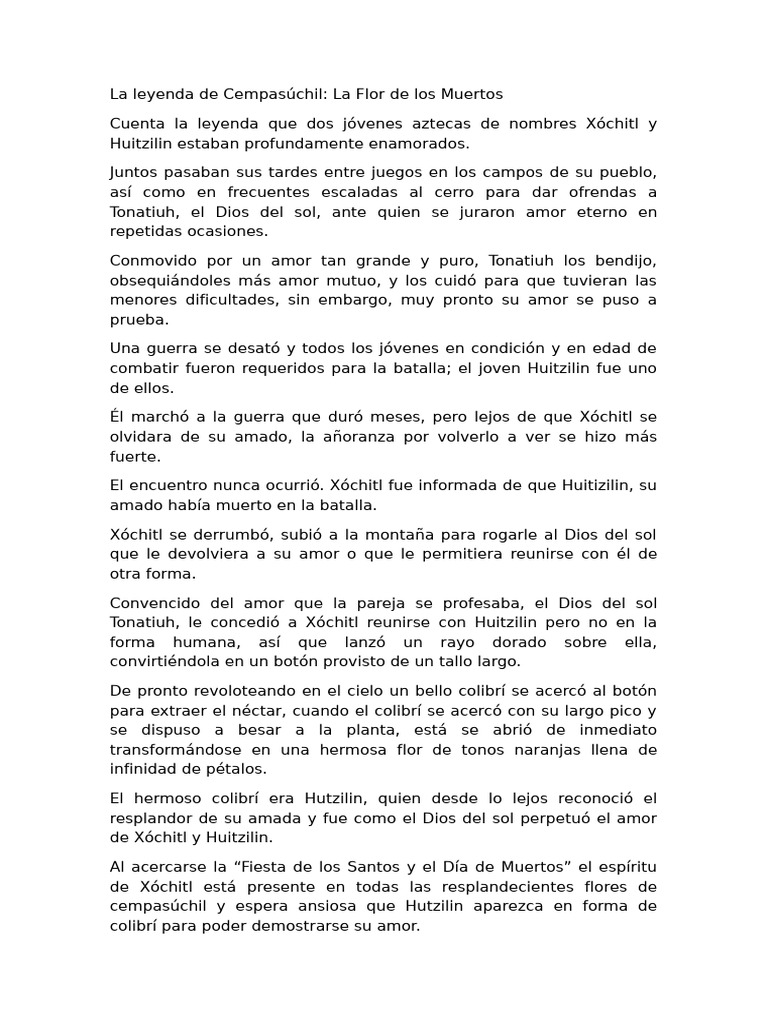 Leyenda de Cempasúchil y el Amor Eterno | PDF