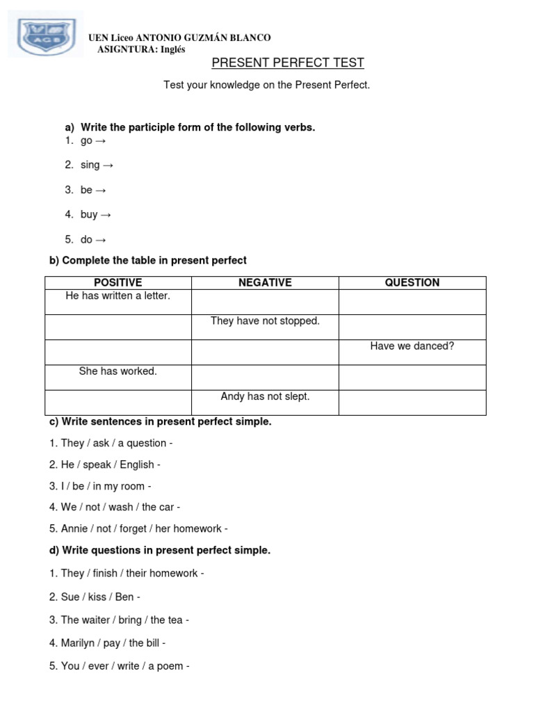 Present Perfect Test | PDF