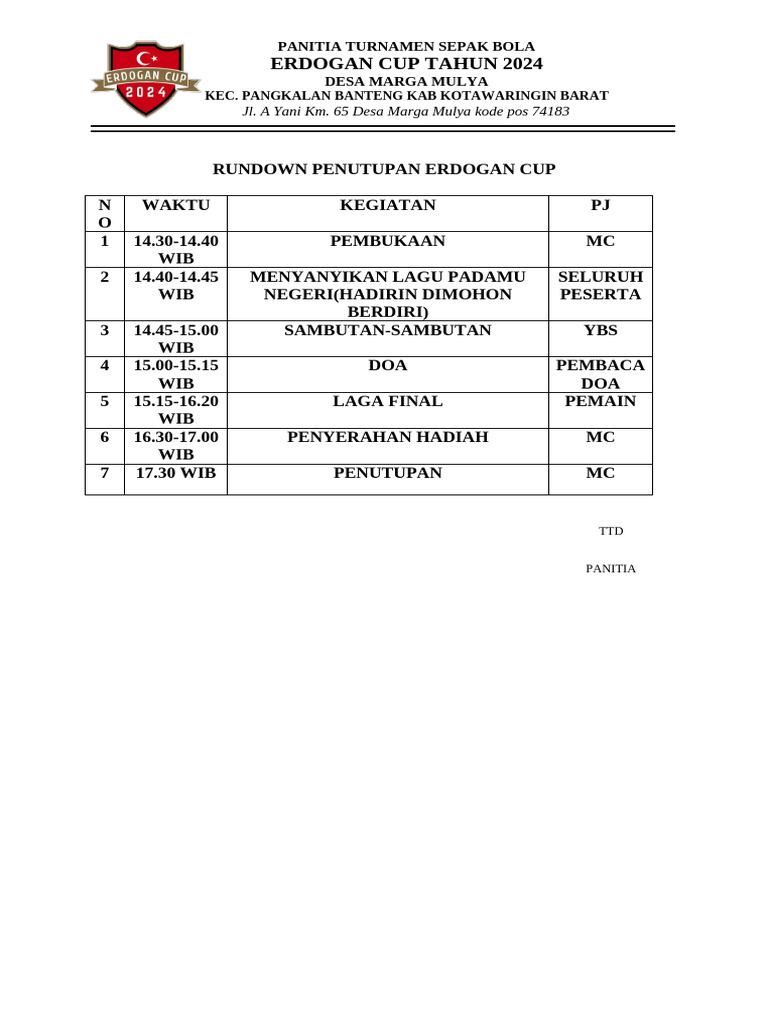 Rundown Penutupan Erdogan Cup Revisi | PDF