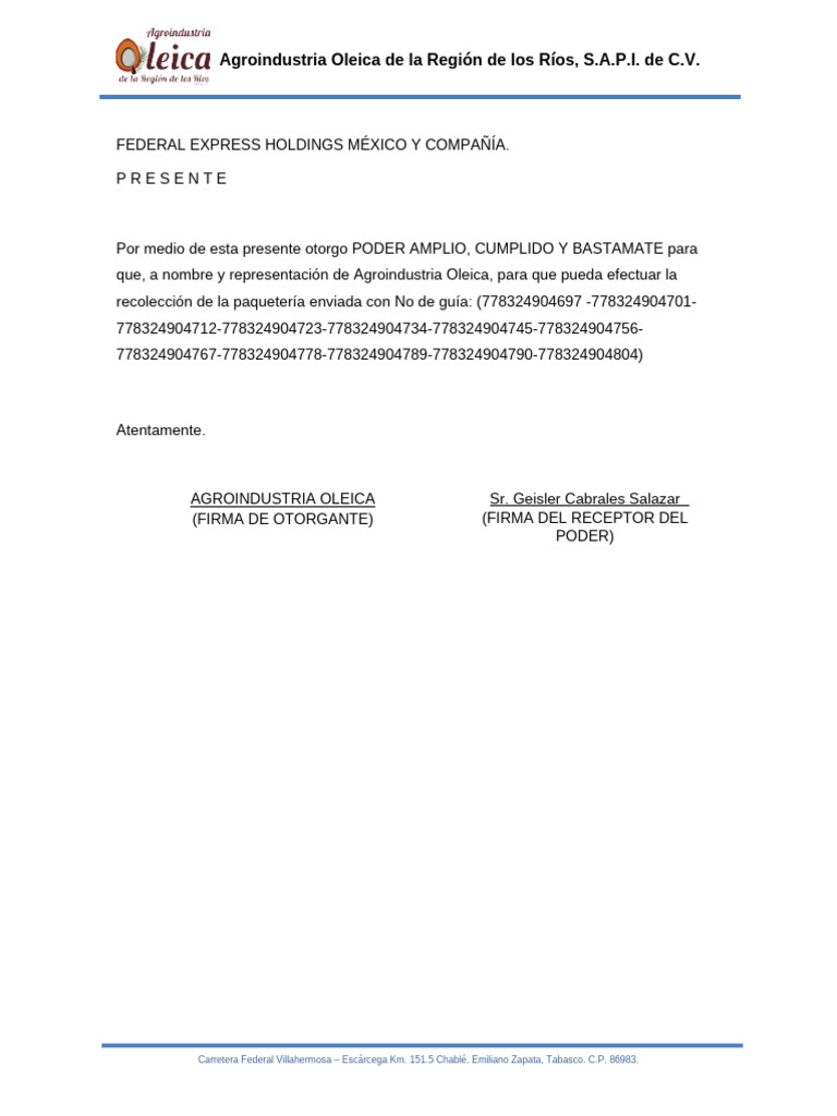 Carta Poder Oleica Paqueteria Fedex | PDF