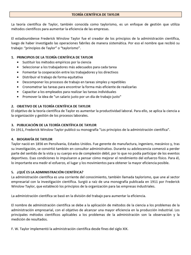Teoría Científica de Taylor y Eficiencia | PDF | Planificación ...