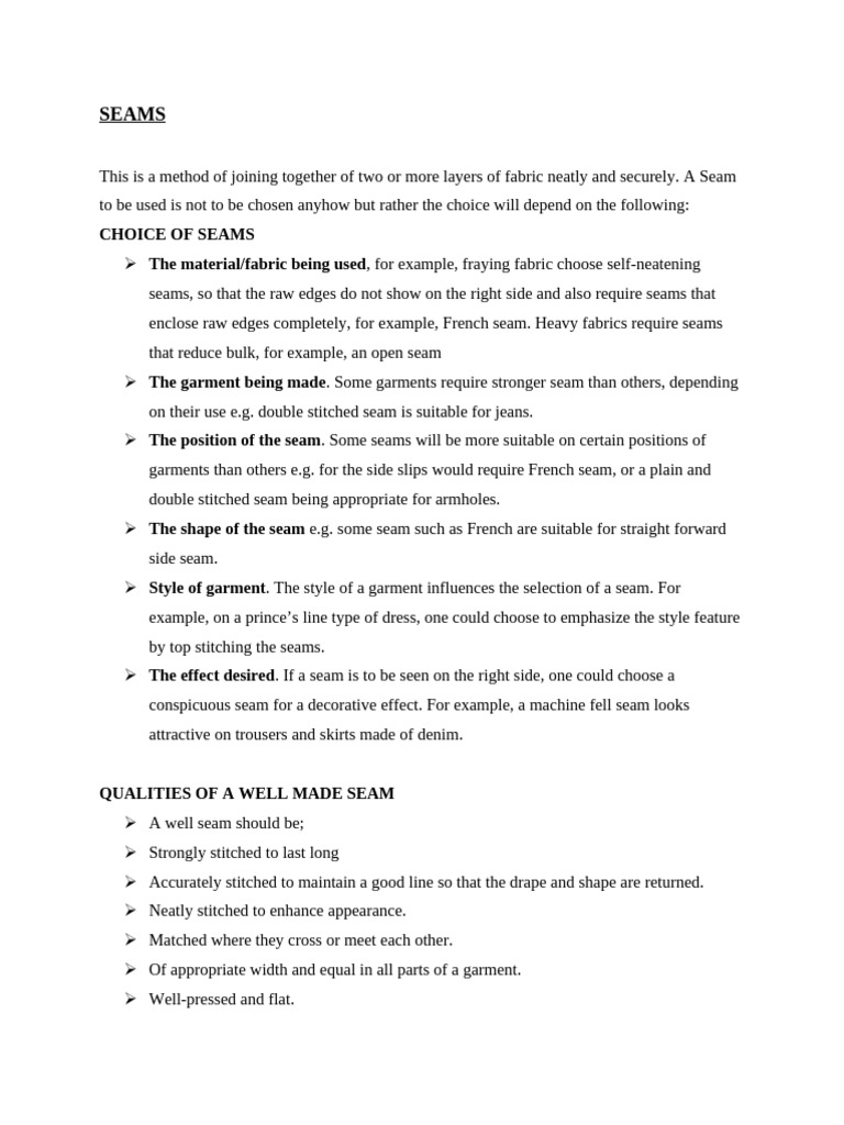 Types and Qualities of Seams | PDF | Seam (Sewing) | Softlines (Retail)