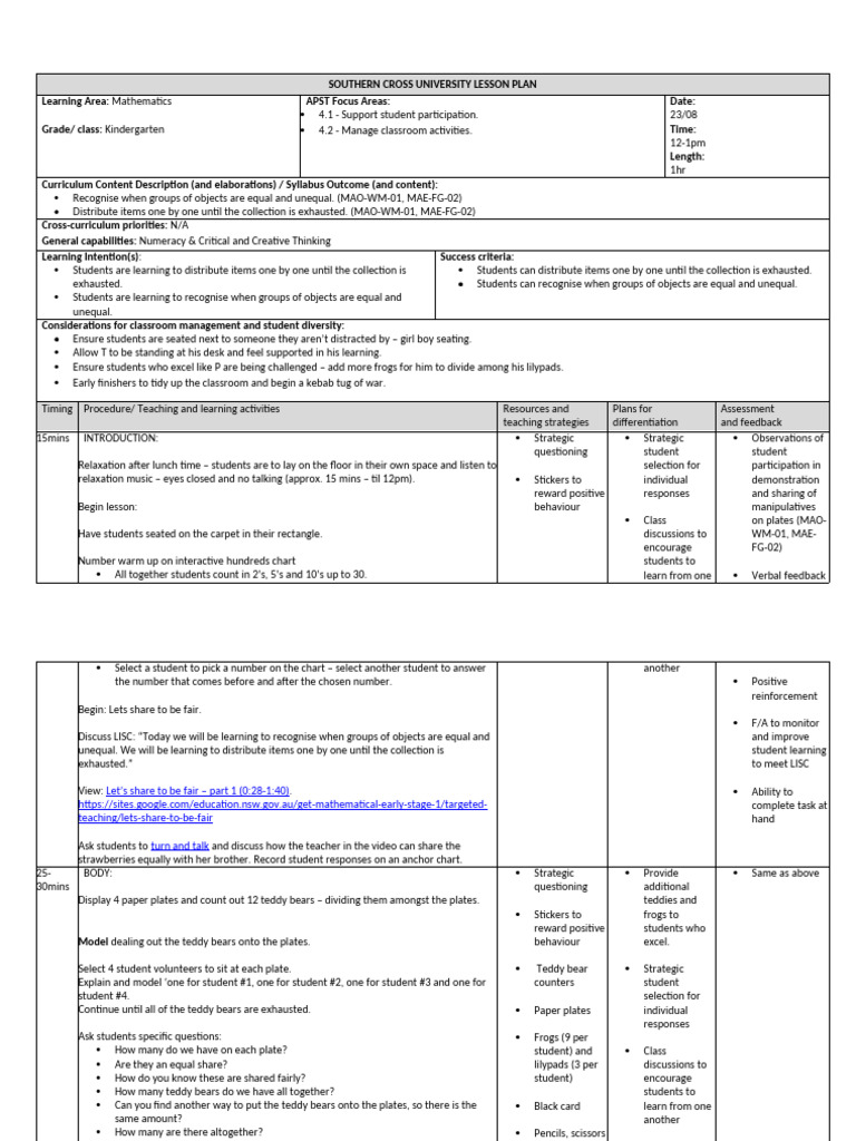 Kindergarten Math Lesson Plan: Equal Shares | PDF | Classroom | Behavior Modification