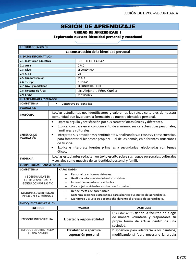 3º Ses Act 1 - DPCC 2025 | PDF | Maestros | Aprendizaje