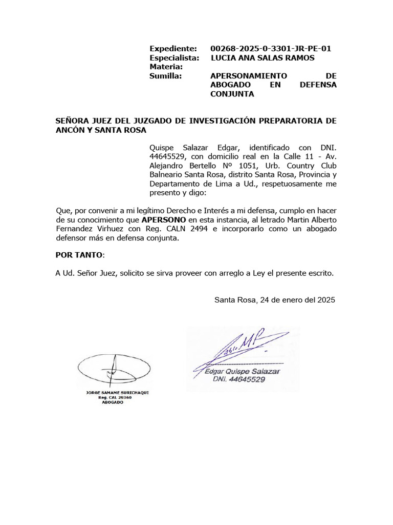 Apersonamiento defensa conjunta Habeas Corpus | PDF