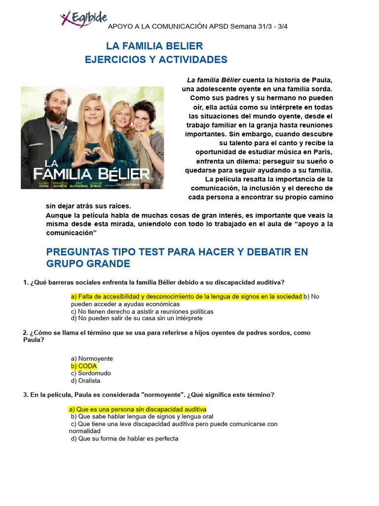 Ejercicios Pelicula La Familia Belier | PDF | Lenguaje de señas ...
