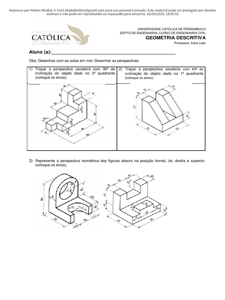 Exercicios Perspectiva Cavaleira e Isometrica | PDF