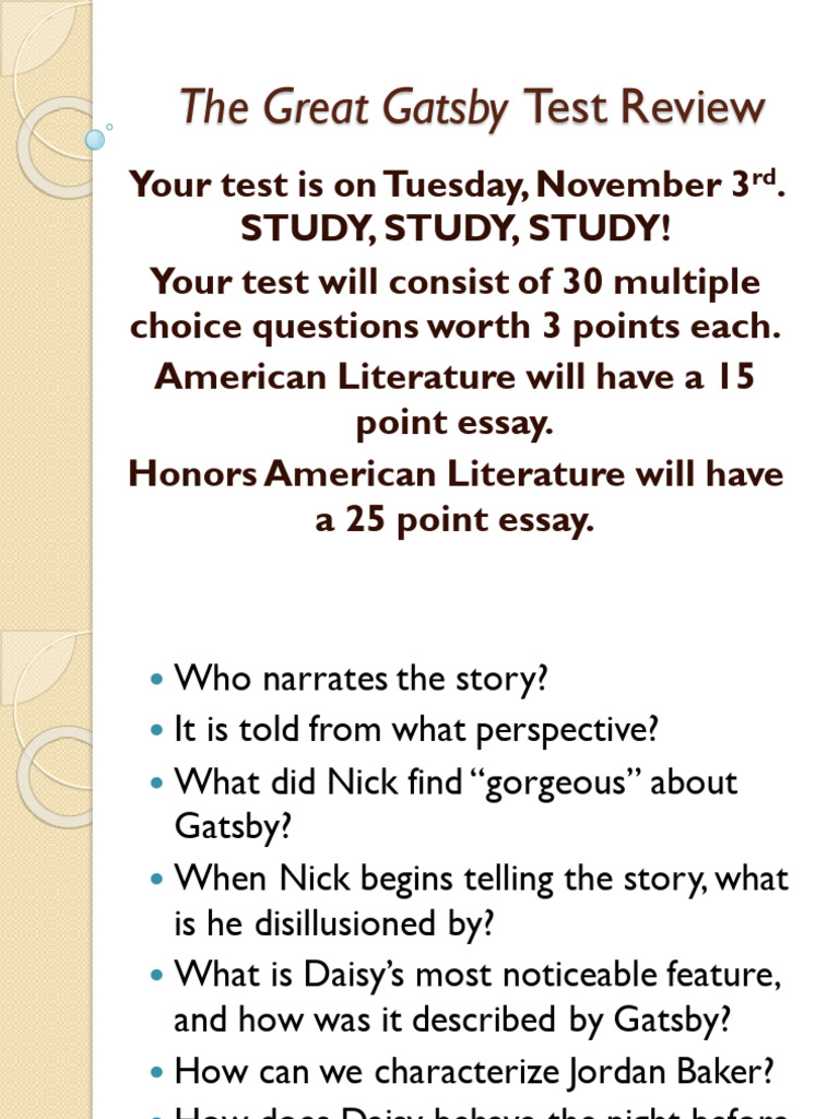 Great Gatsby Test Review Guide | PDF | The Great Gatsby | Novels