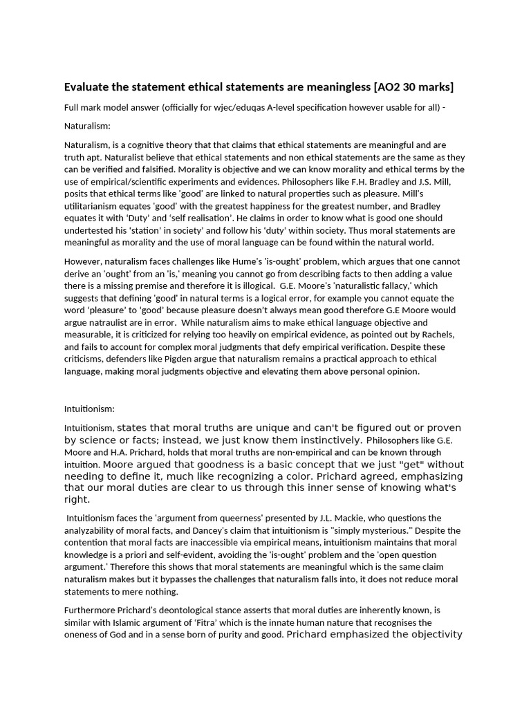 Evaluating the Meaning of Ethical Statements | PDF | Epistemology