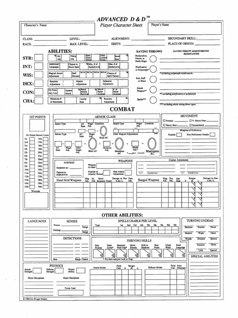 Character Sheet - AD&D Advanced Character Sheet | PDF