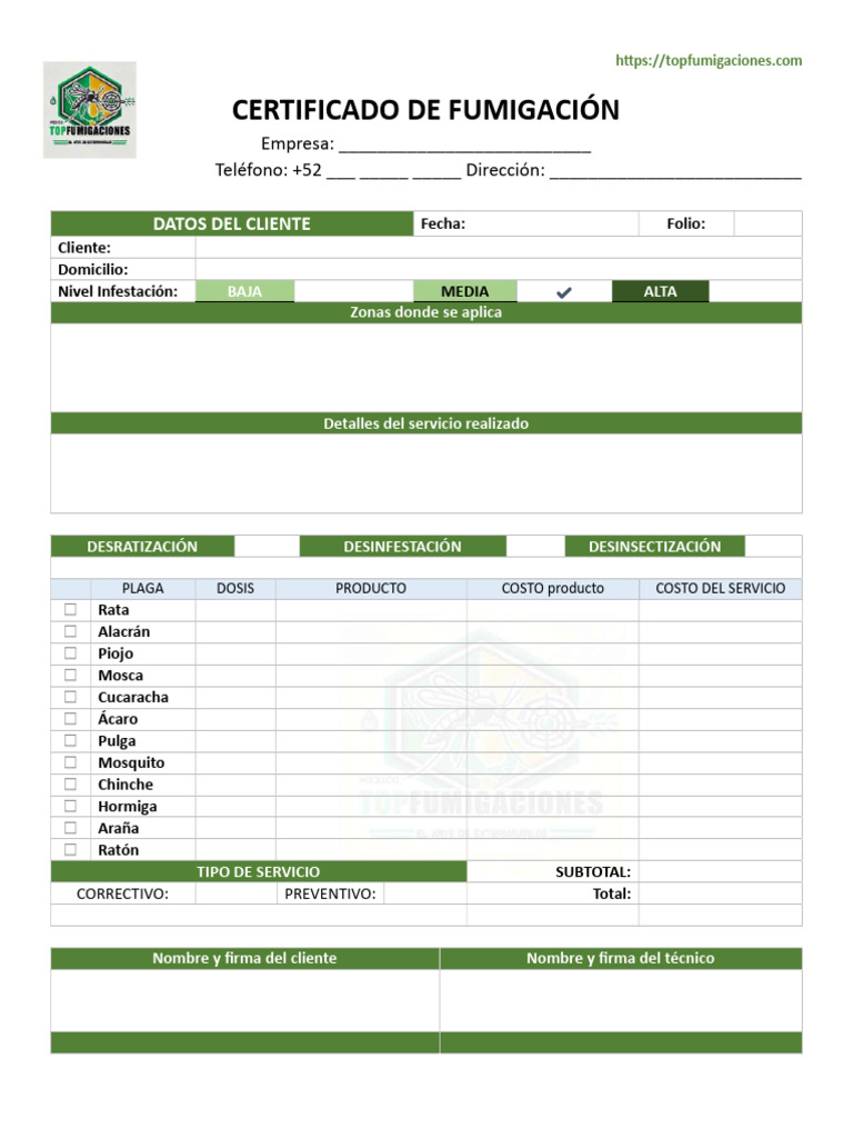 Certificado de Fumigación y Control de Plagas | PDF