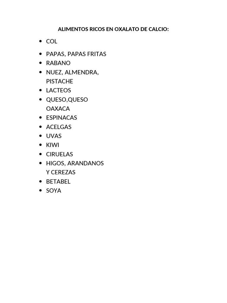 Alimentos Ricos en Oxalato de Calcio | PDF