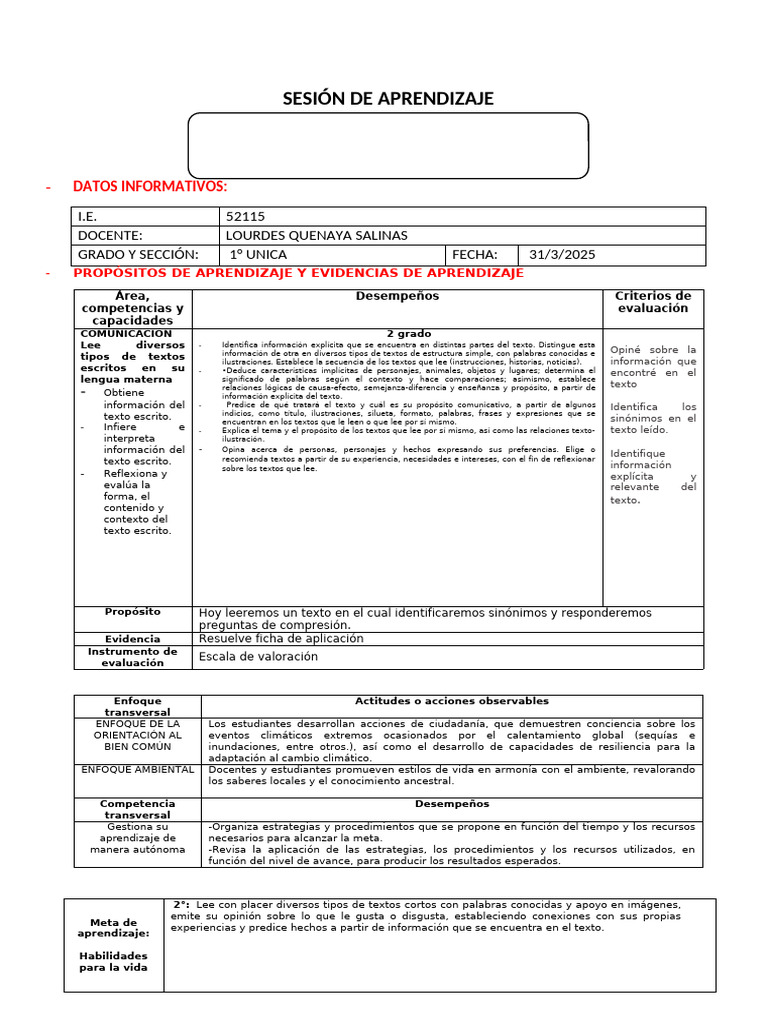U5 s1 Sesion d3 Com Conocemos Sinonimos en Un Texto | PDF | Aprendizaje | Información