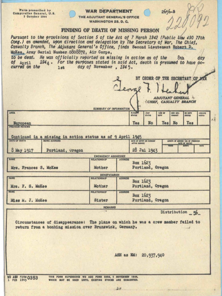 Finding of Death for Missing Soldier | PDF