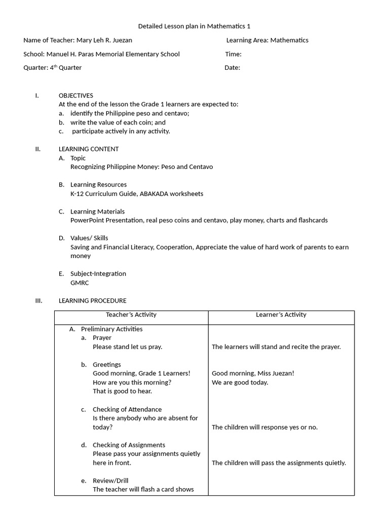 Detailed Lesson Plan in Mathematics 1 | PDF | Learning | Behavior Modification