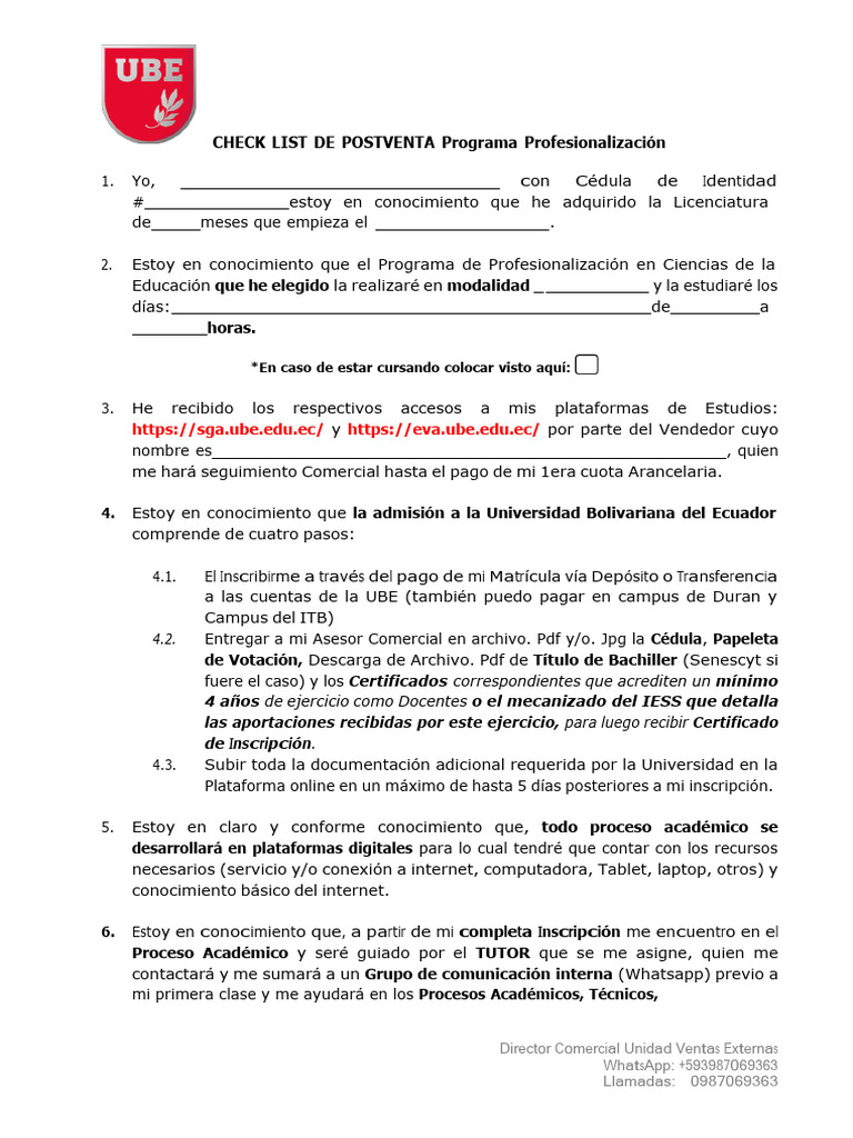 Check List Postventa Programa UBE | PDF