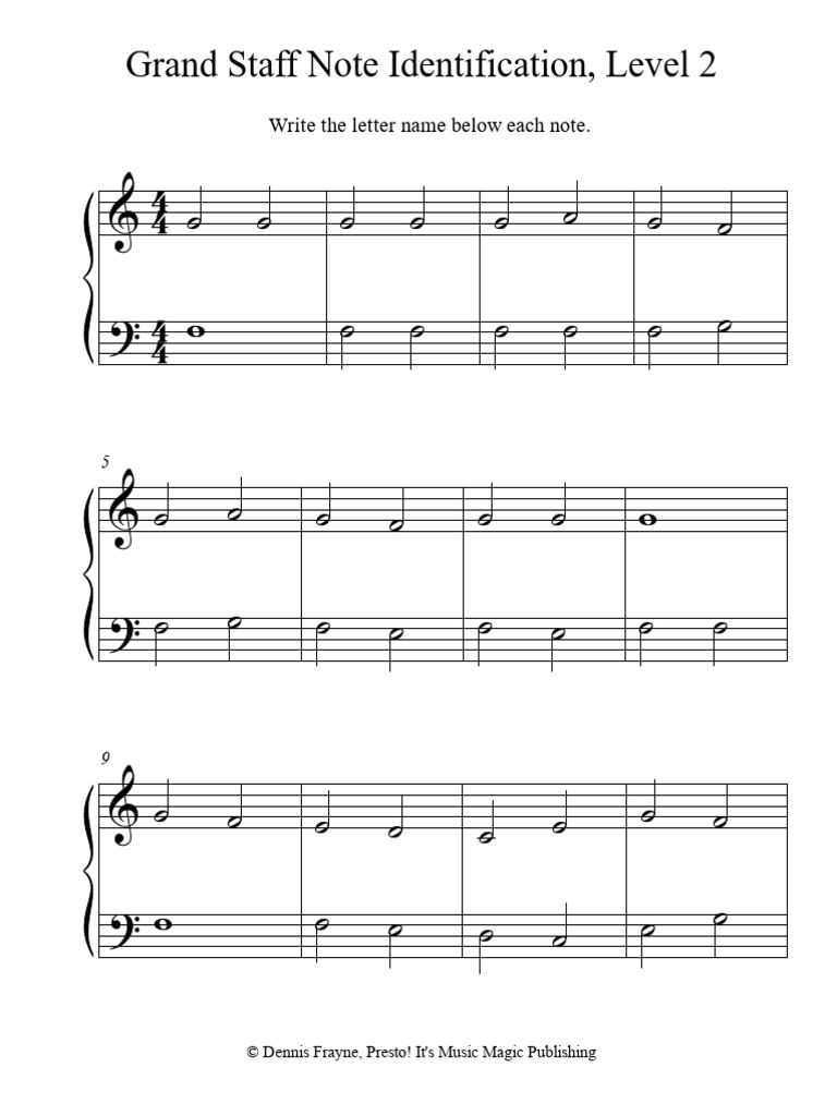 Grand Staff Note Identification, Level 2: Write The Letter Name Below ...