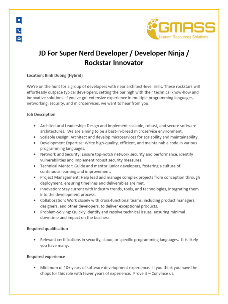 GMASS HR - JD For Super Nerd Developer - Developer Ninja - Rockstar ...