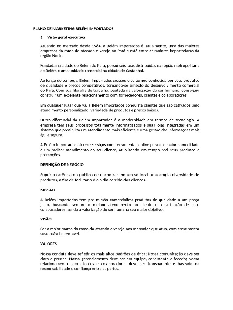 PLANO DE MARKETING BELÉM IMPORTADOS | PDF | Marketing | Qualidade ...