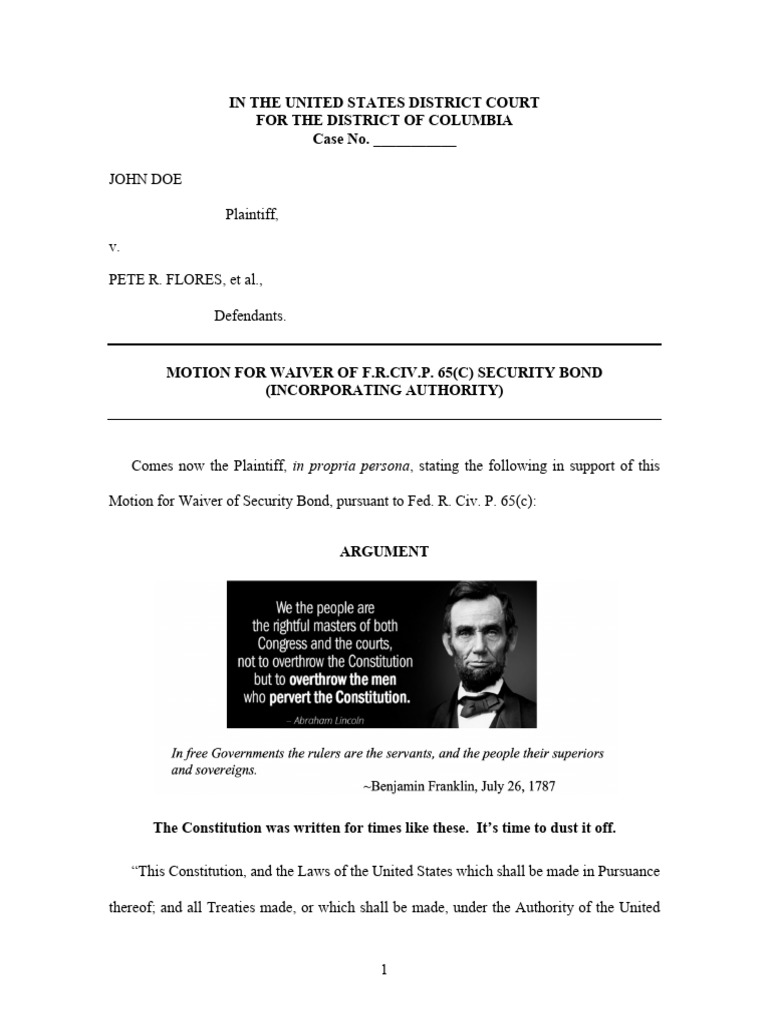 Doe-v-Flores Waiver of Bond | PDF | Writ | Fourteenth Amendment To The ...