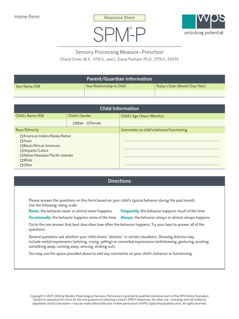 Sensory Processing Measure - Preschool Form | PDF | Race And Ethnicity ...