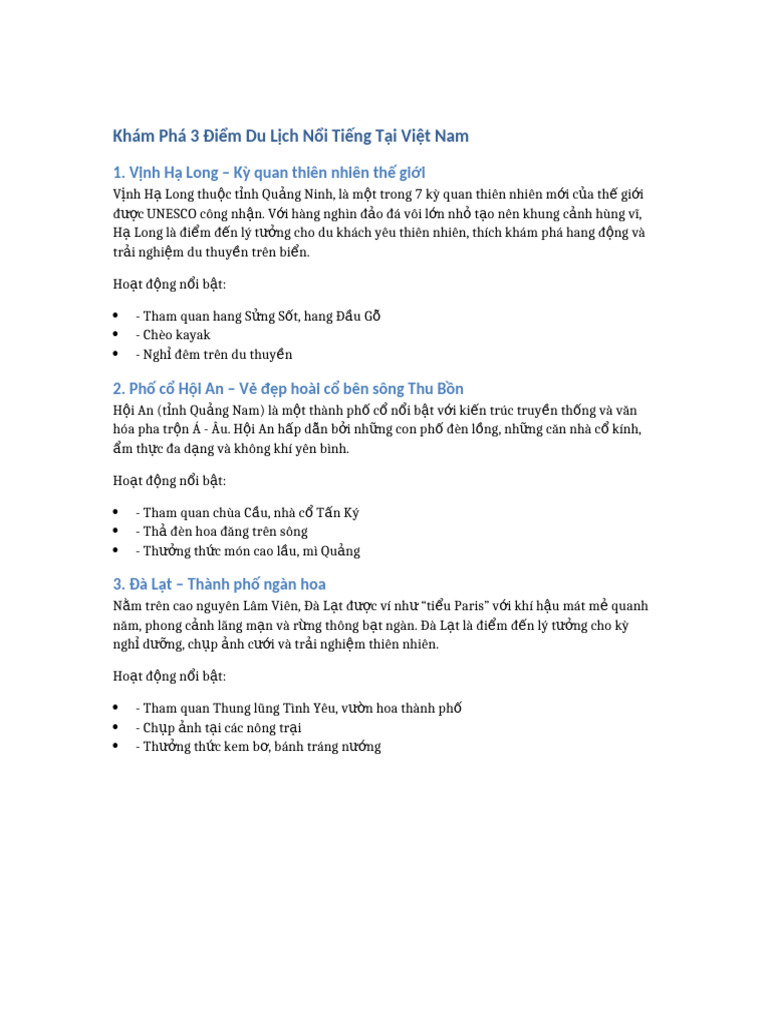 3 Diem Du Lich Noi Tieng Viet Nam | PDF