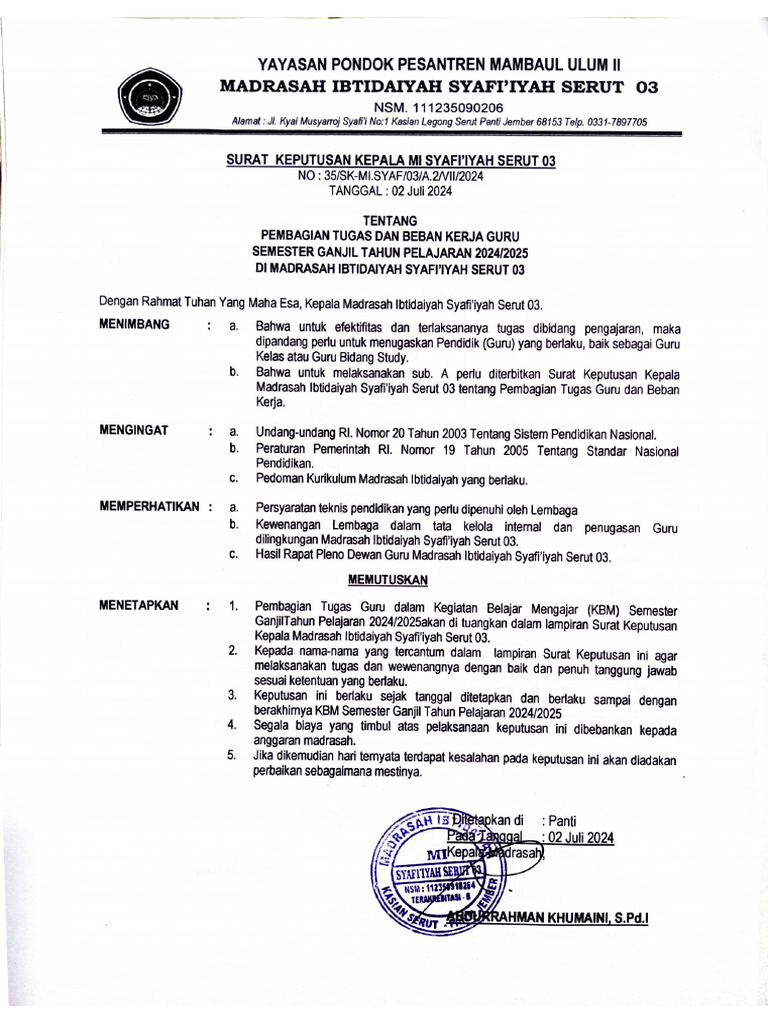 SK Mengajar Ganjil Genap Tapel 2024 - 2025 PDF | PDF