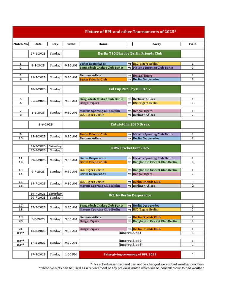 Fixture of BPL & Other Tournaments_2025 | PDF | Sports | Cricket ...