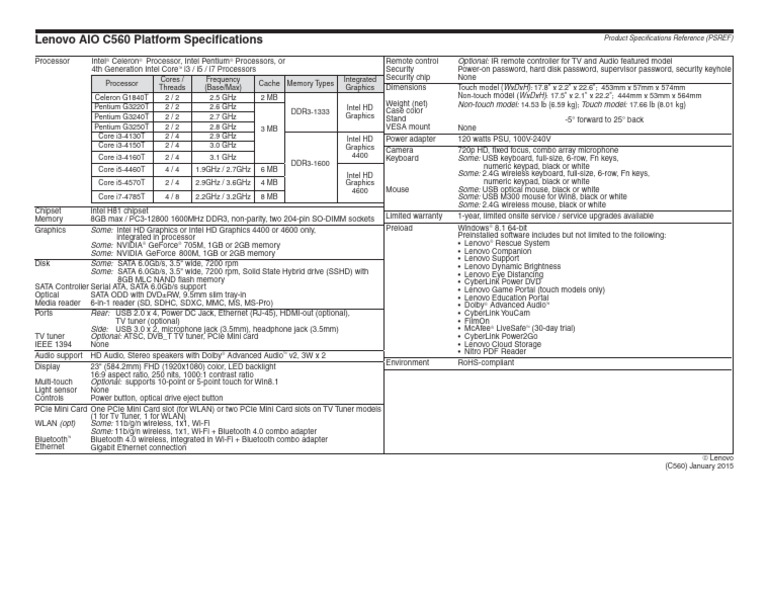 Lenovo C560 Spec | PDF | Computing | Computer Hardware