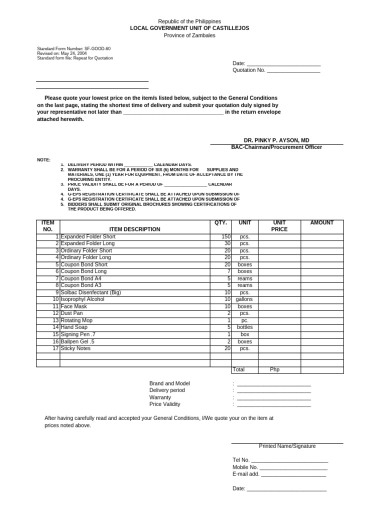 Castillejos Quotation Request Form | PDF | Bonds (Finance)