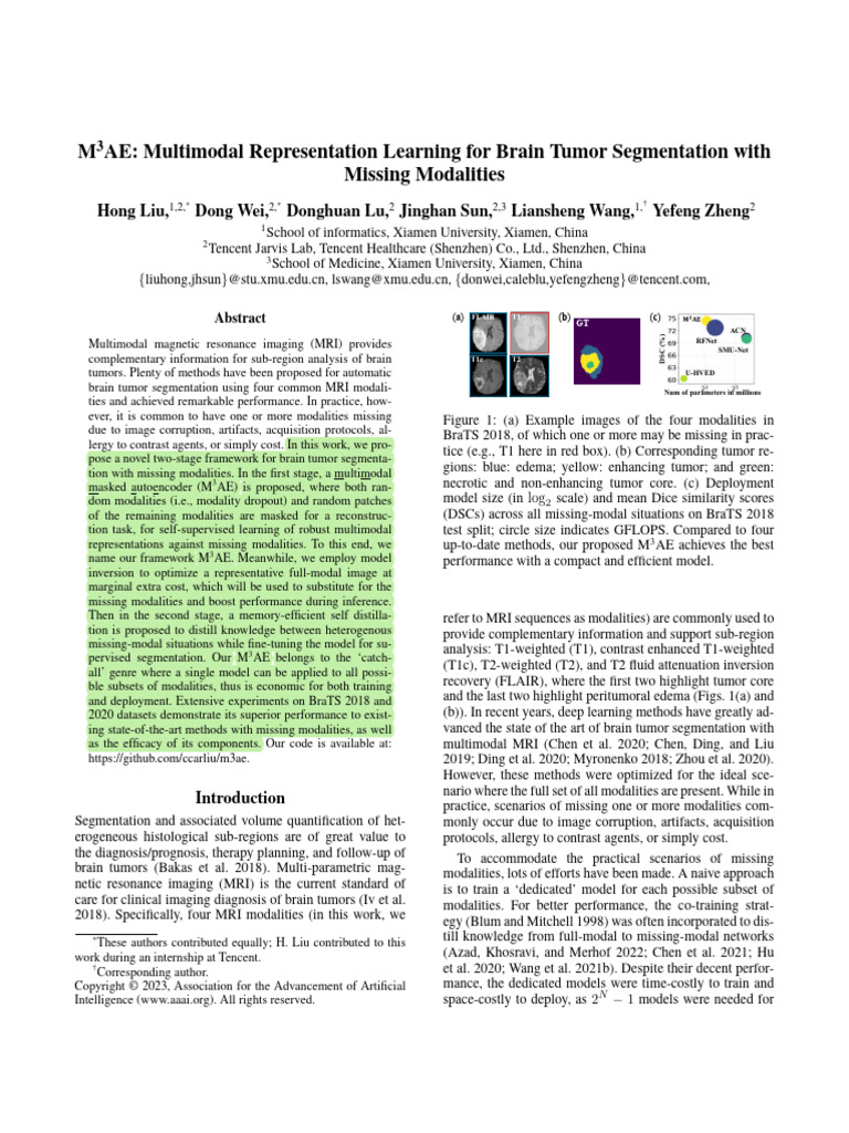 M3AE Multimodal Representation Learning for Brain Tumor Segmentation with Missing Modalities ...