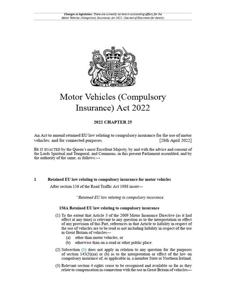Motor Vehicles (Compulsory Insurance Act) 2022 - UK | PDF | Vehicle ...