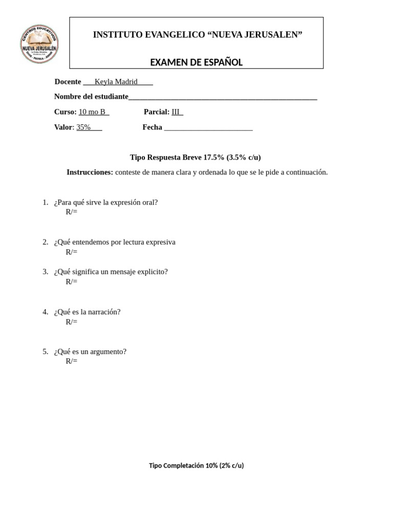 Examen de DECIMO B 12 | PDF