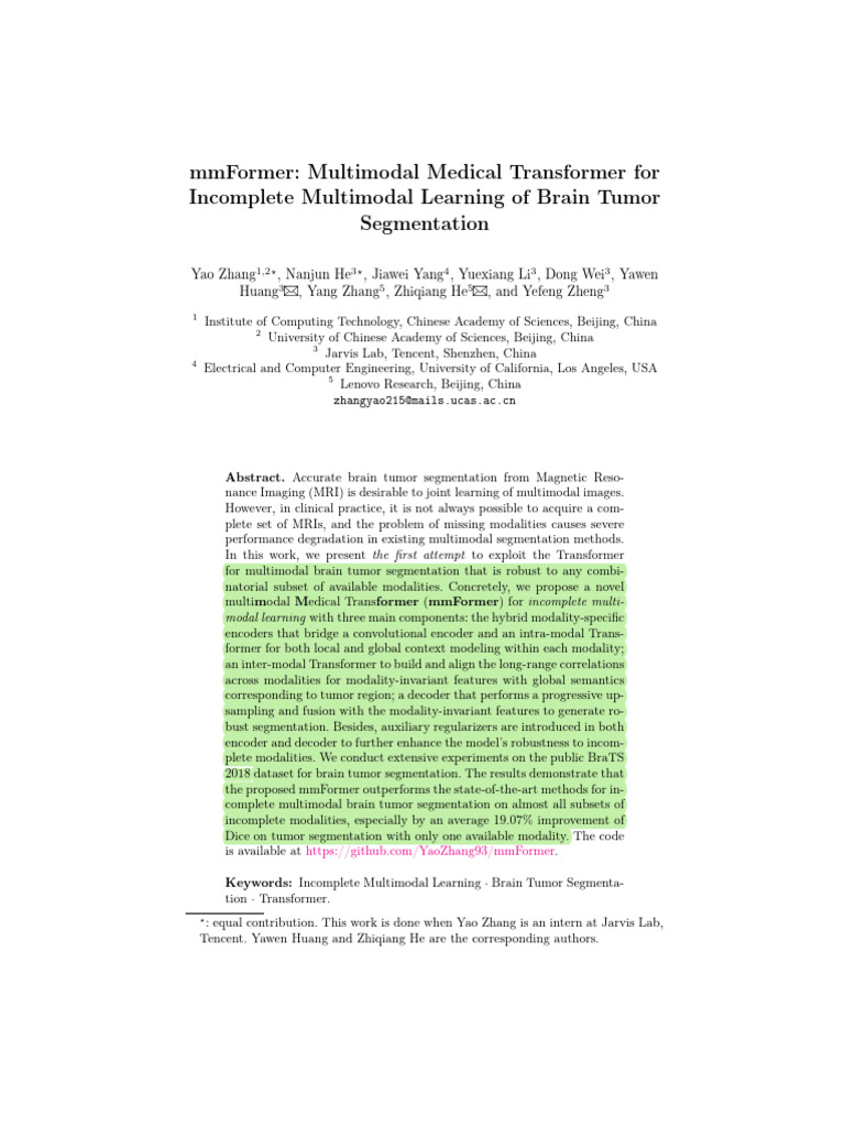 Mmformer Multimodal Medical Transformer For Incomplete Multimodal Learning of Brain Tumor | PDF ...