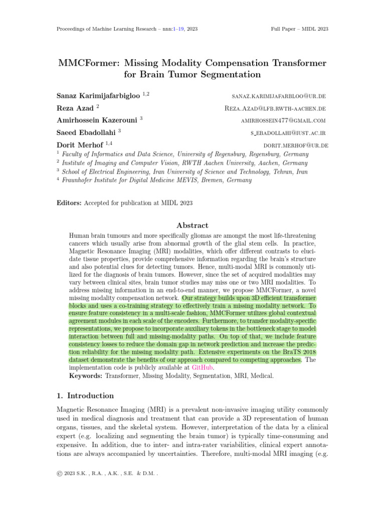 Mmcformer Missing modality compensation transformer for brain tumor segmentation | PDF | Medical ...