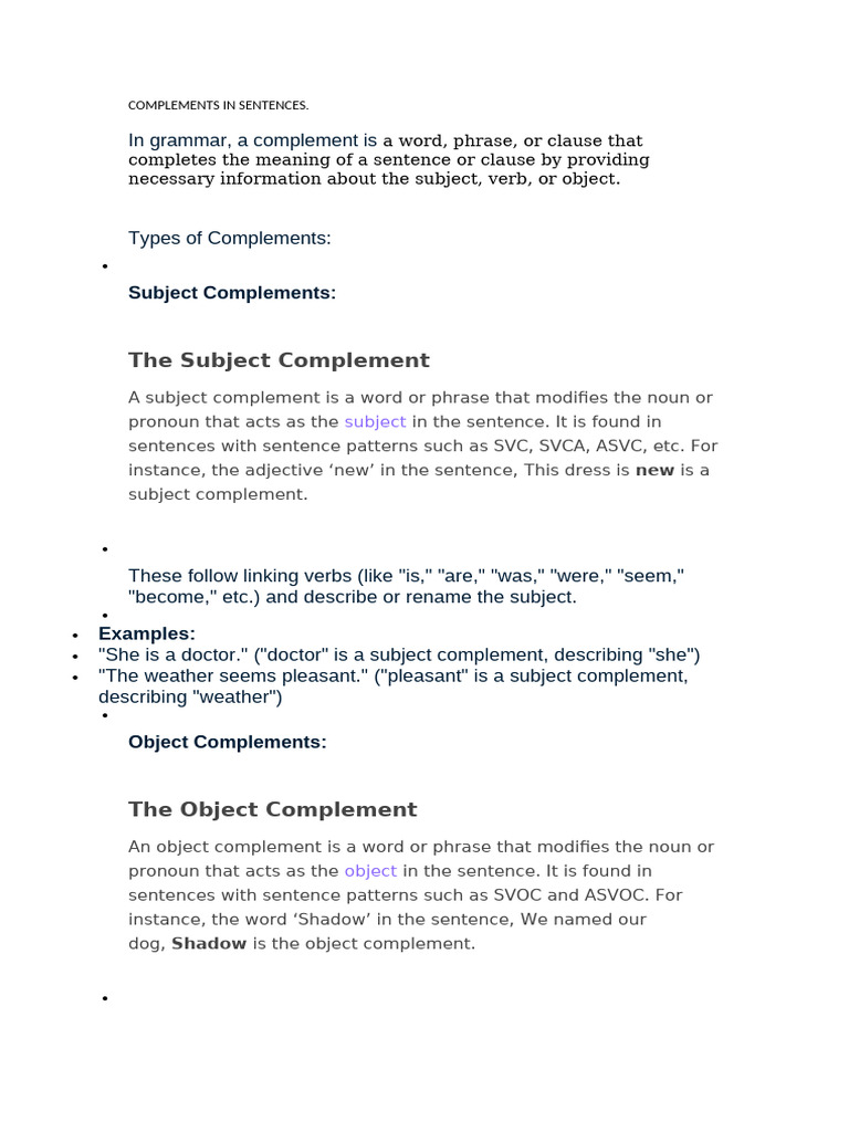Complements in Sentences | PDF | Subject (Grammar) | Sentence (Linguistics)