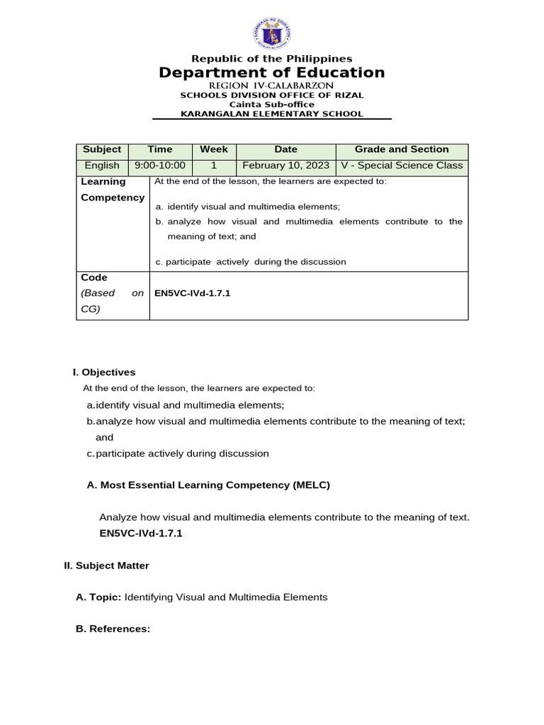 Visual and Multimedia Elements Lesson Plan | PDF | Multimedia | Learning