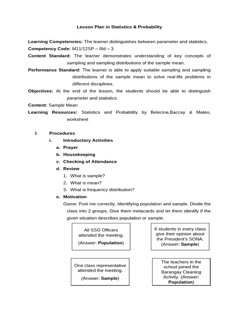 Statistics & Parameter Lesson Plan | PDF | Statistics | Sampling ...