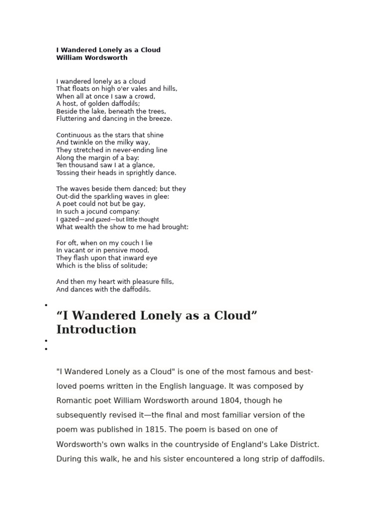 I Wandered Lonely as a Cloud | PDF | Poetry