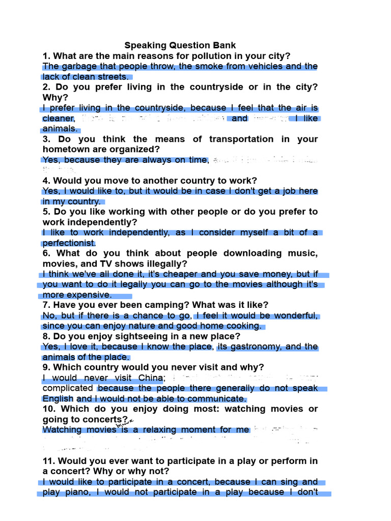 Speaking Question Bank | PDF