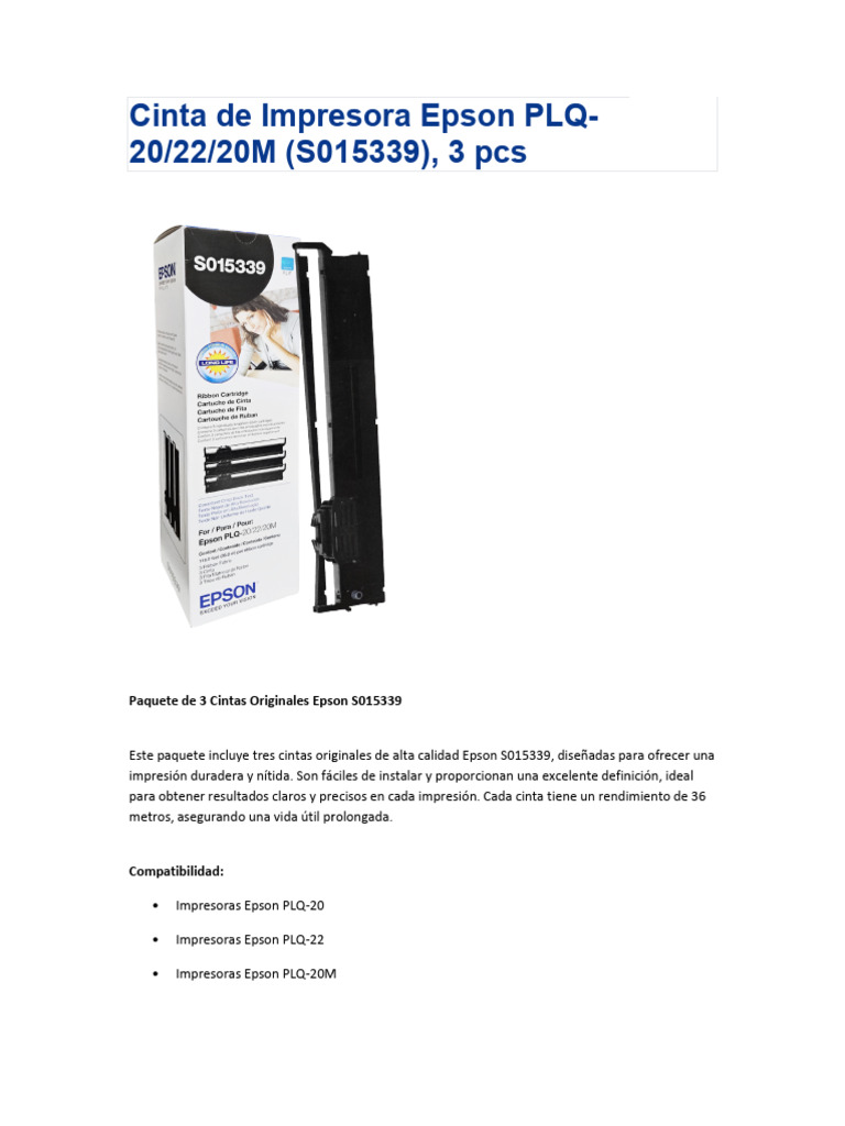 Cintas Epson S015339 para PLQ-20/22/20M | PDF